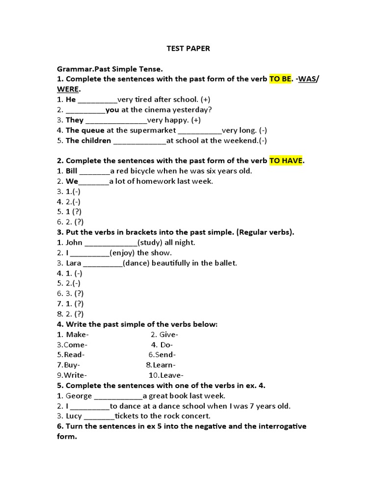 TEST PAPER Past Simple Tense | PDF