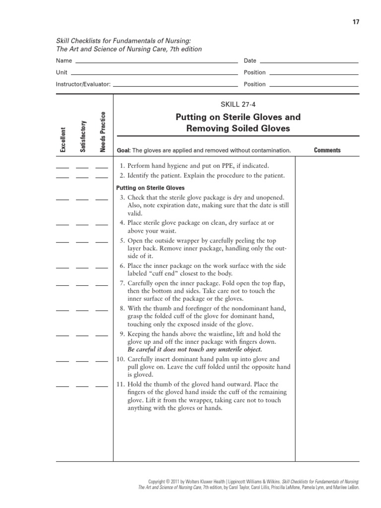 Skill Checklist Putting On Sterile Gloves and Removing Soiled Gloves ...
