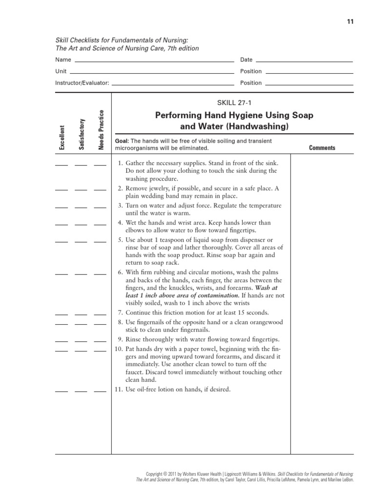 Skill Checklist Performing Hand Hygiene Using Soap and Water ...
