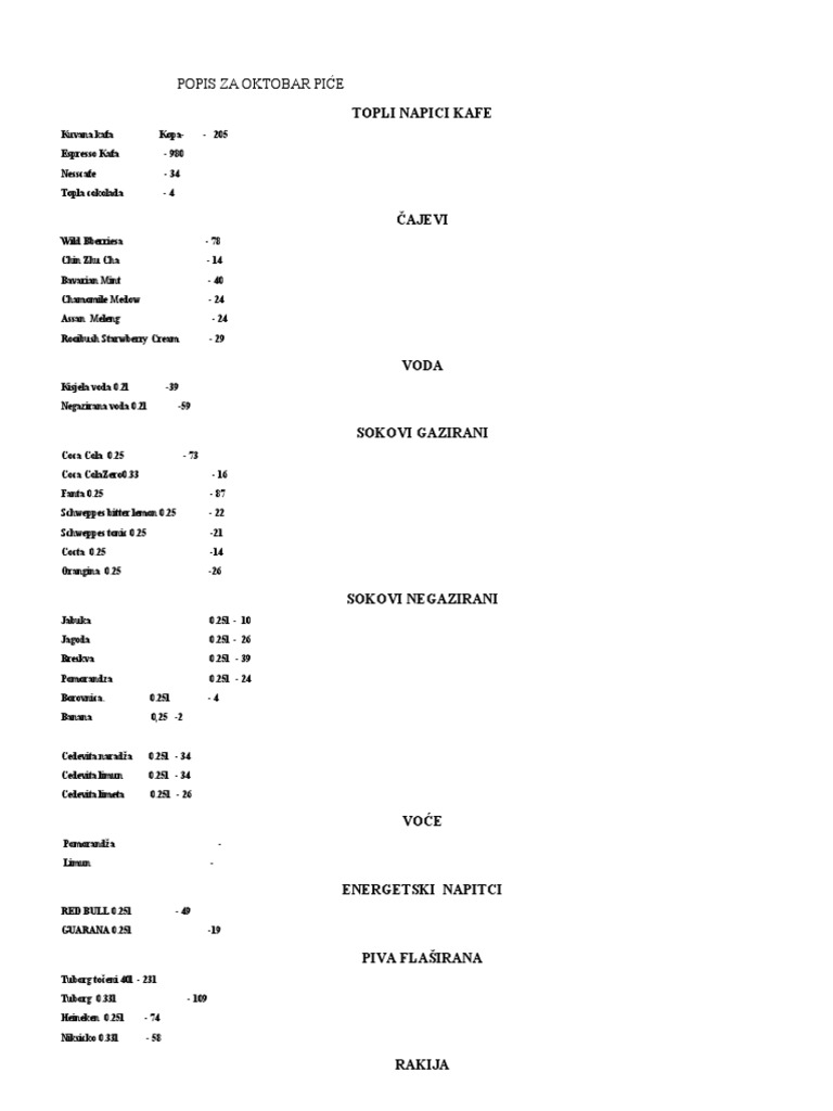 Popisna Lista Pub Najnovija Za Oktobar Ukupno Piće | Download Free PDF ...