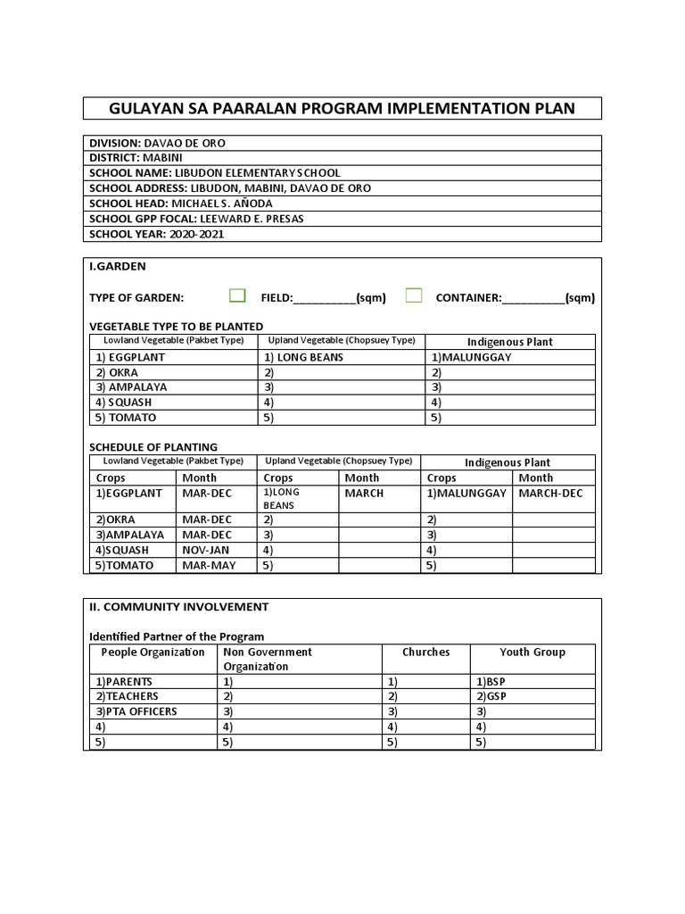 Gulayan Sa Paaralan Program Implementation Plan | PDF | Vegetables ...