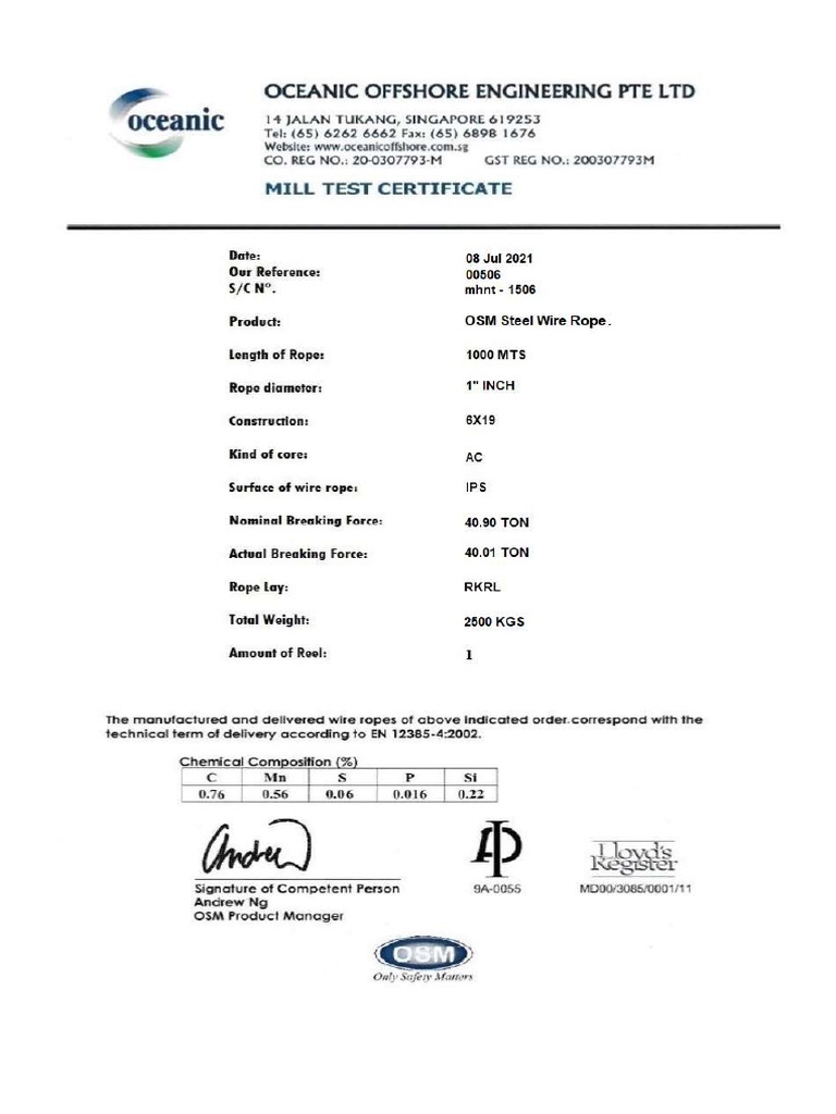 Certificado Osm Cable de Acero 25 MM 6X19 Negro | PDF