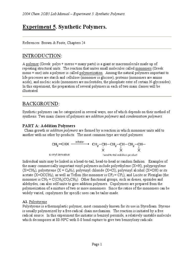 2004 Chem 2OB3 Lab Manual - Experiment 5. Synthetic Polymers | PDF ...