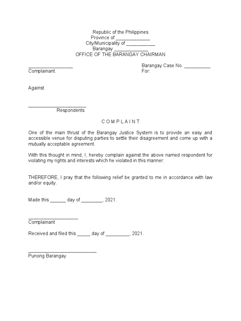 Barangay Complaint Form | PDF