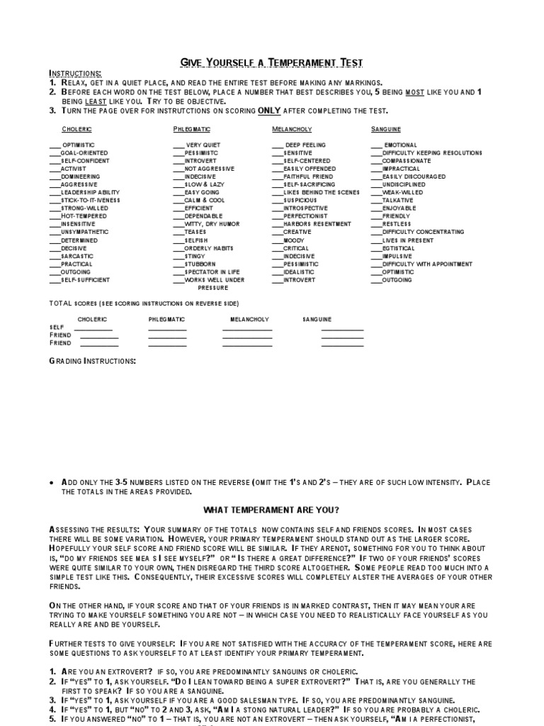 Temperament Test Instructions and Scoring | PDF | Human Development ...