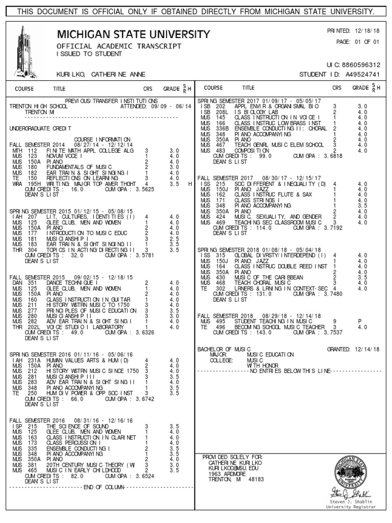 Msu Transcript | PDF | Course Credit | Academia