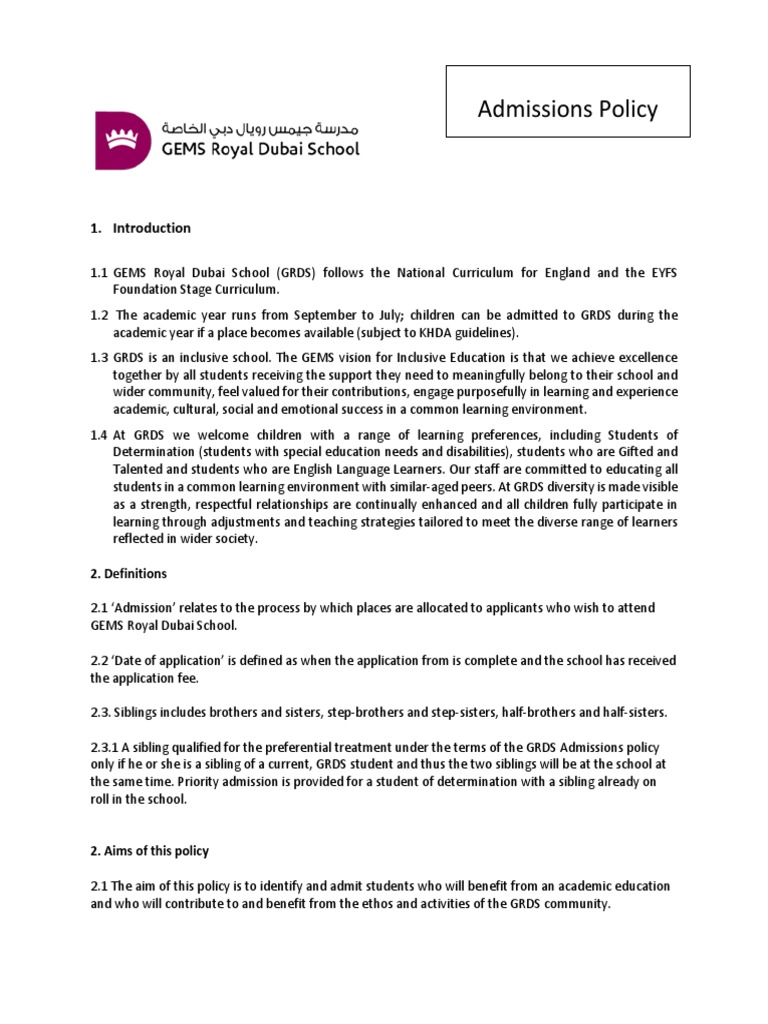 Admission Policy 2020-2021 | PDF | Inclusion (Education) | Special ...
