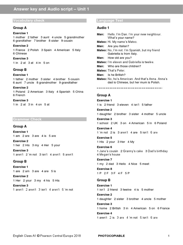 ECA1 Tests Answer Key Audio Script U1 New2018 | PDF | Human ...