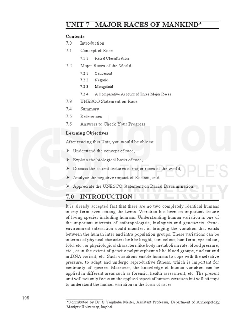 Unit 7 Major Races of Mankind : Classification of Human Populations ...