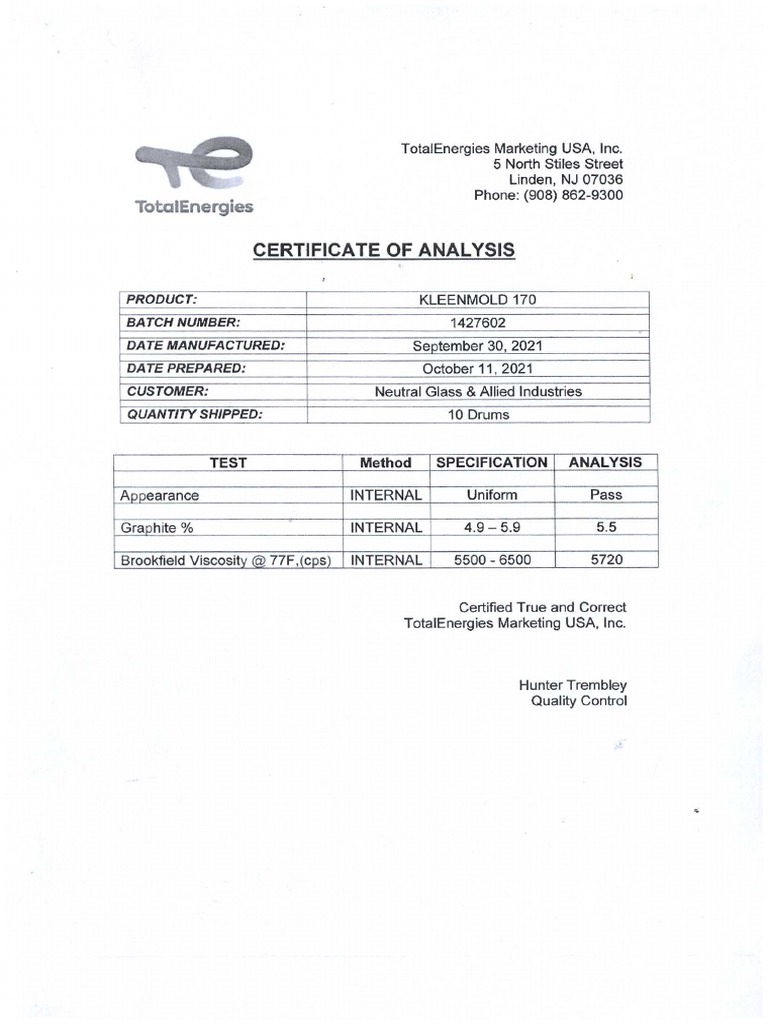 COA - Kleenmold 170 | PDF