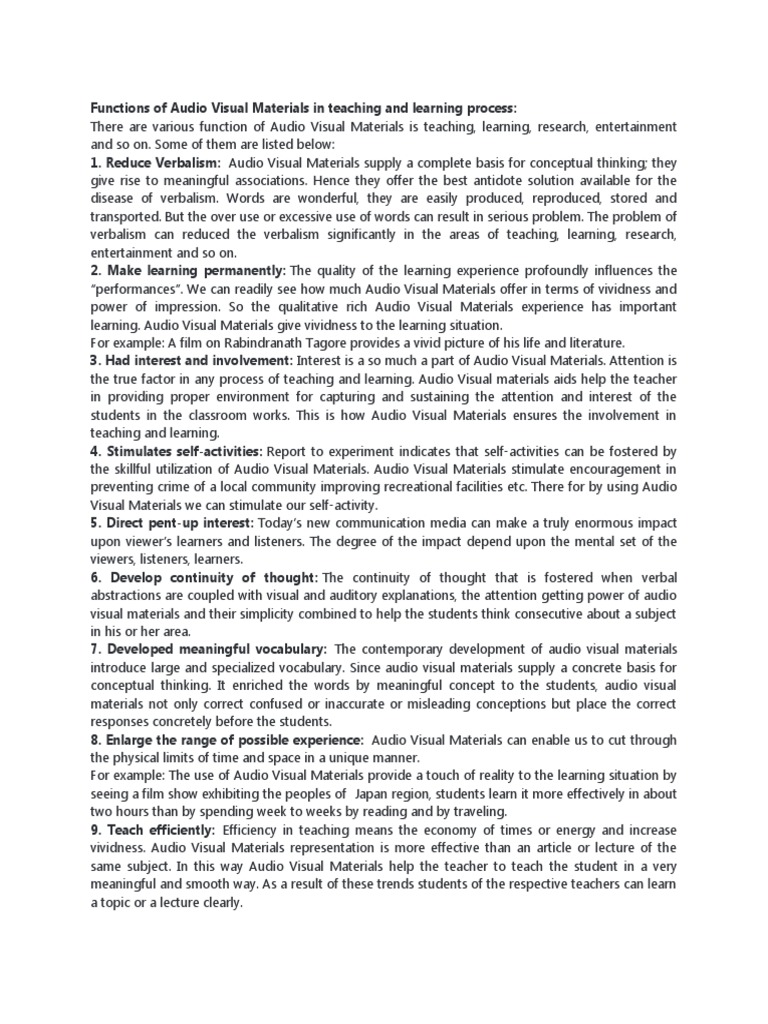Functions of Audio Visual Materials in Teaching and Learning Process ...