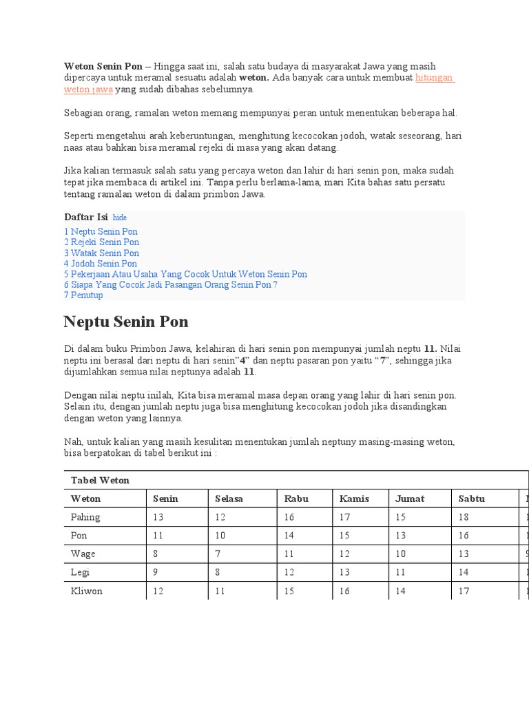 Weton Senin Pon | PDF