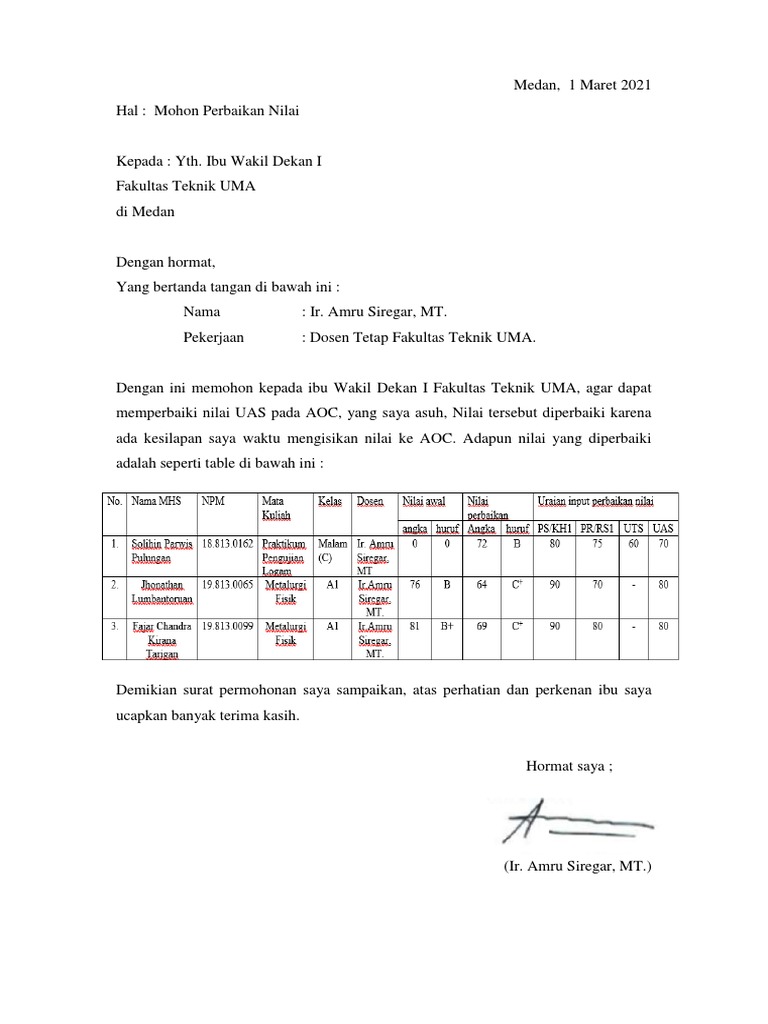 Surat Perbaikan Nilai | PDF