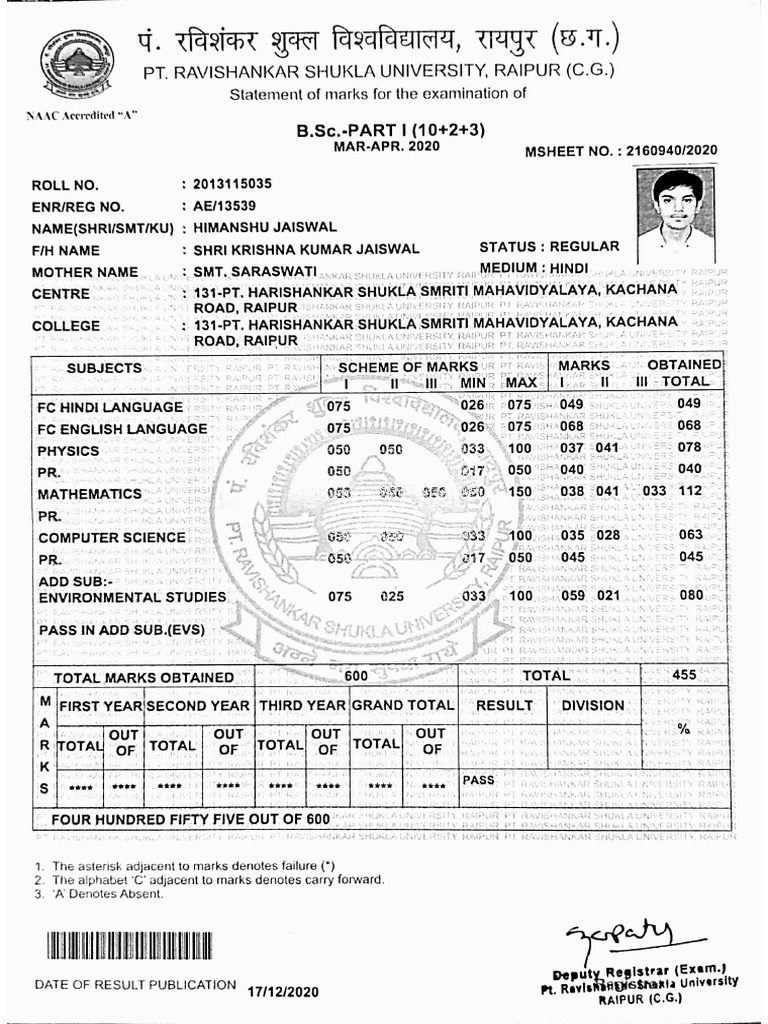 1st Year Marksheet HIM | PDF