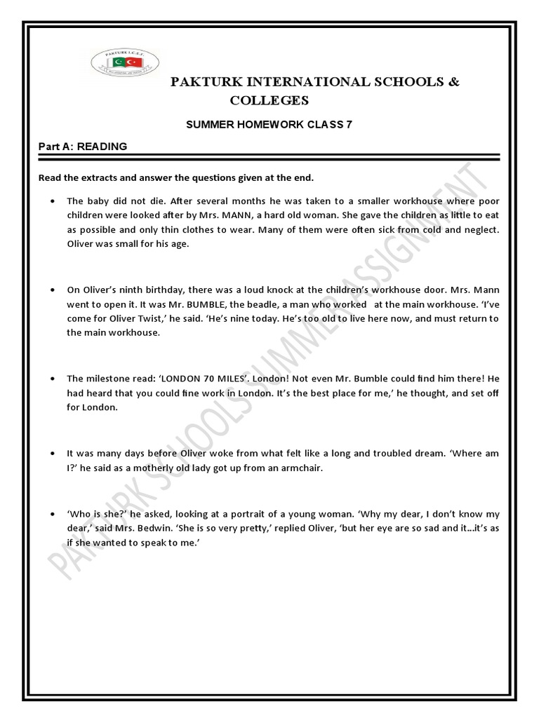 Class 7 Summer Homework Guide | PDF | Oliver Twist | Linguistic Typology