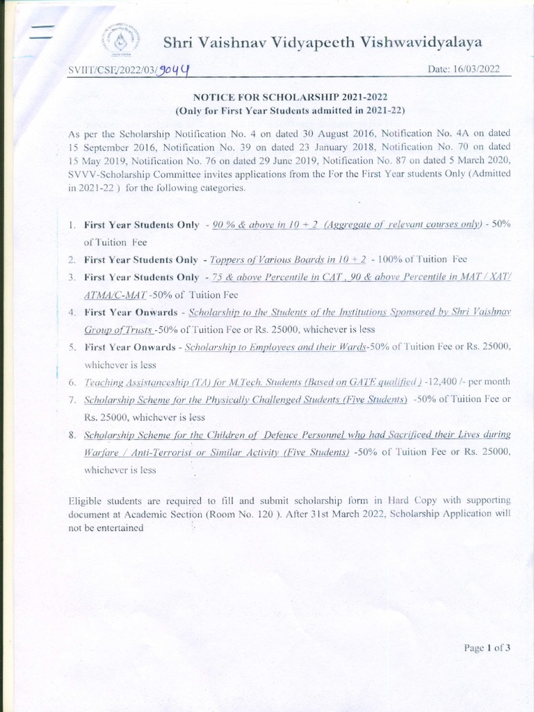 Scholarship 2021-22 Notice (First Year Student Only) - 16 March 2022 ...