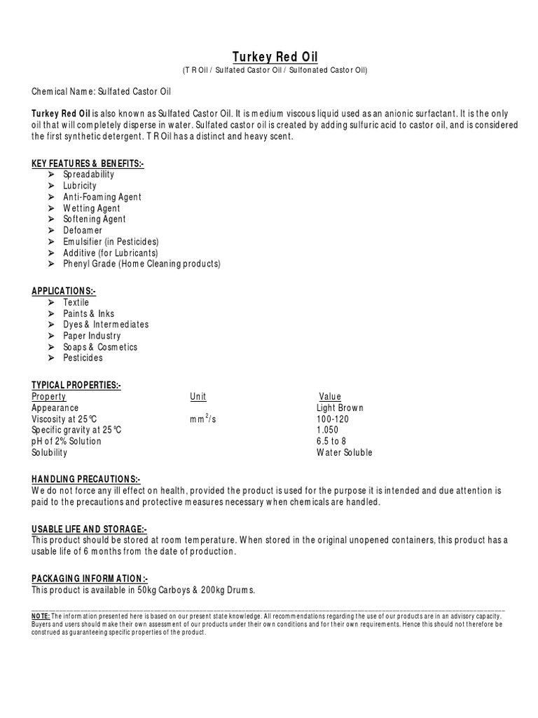 Turkey Red Oil: (T R Oil / Sulfated Castor Oil / Sulfonated Castor Oil ...