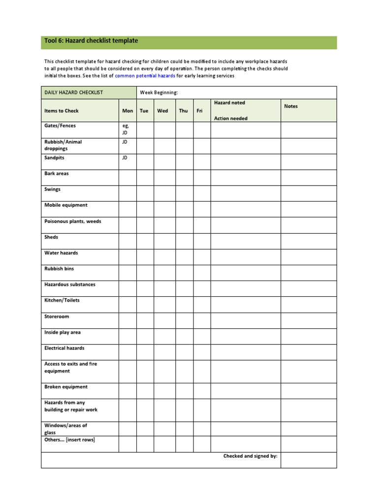 Tool 6: Hazard Checklist Template: Common Potential Hazards | PDF