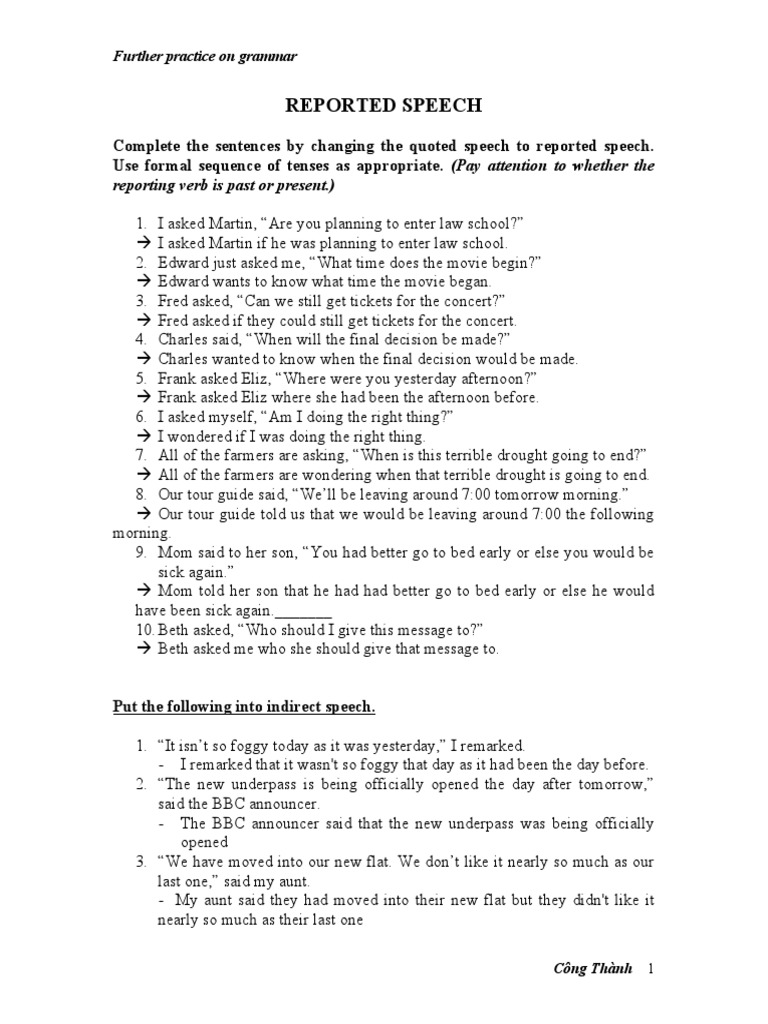 Reported Speech - Practice | PDF