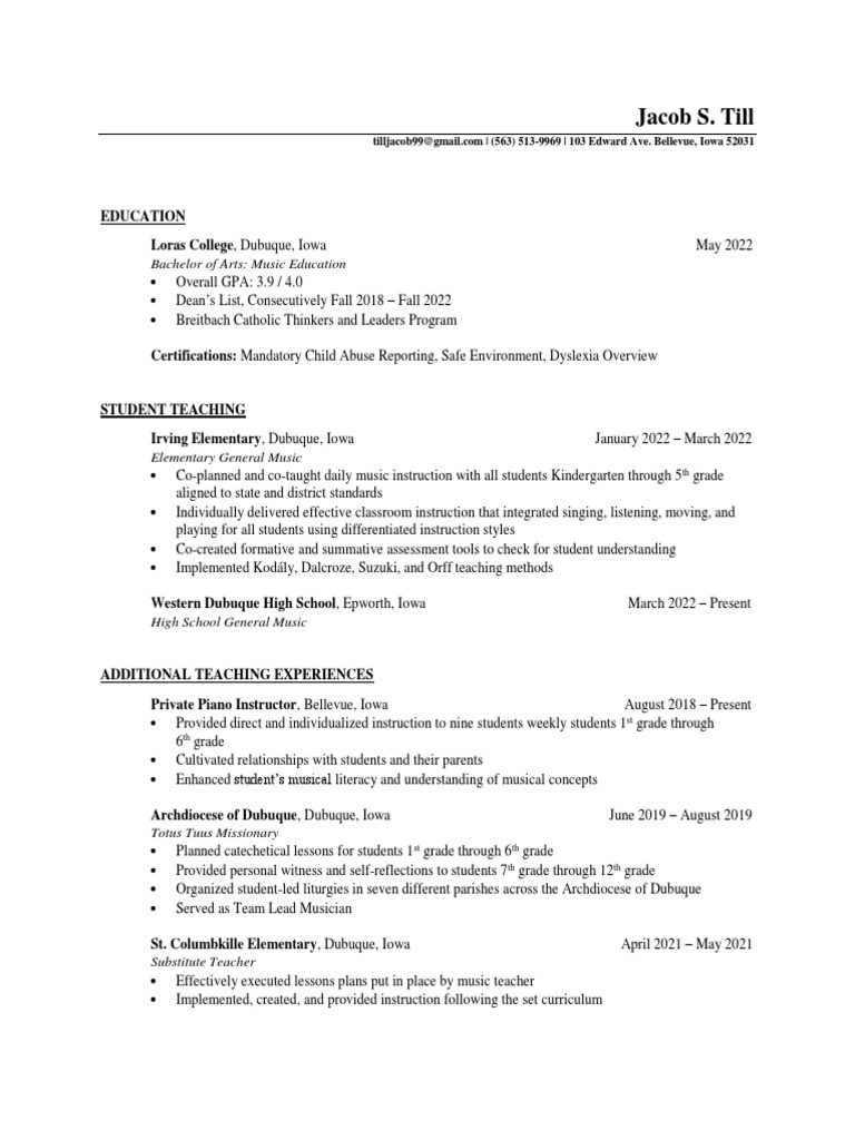 Jacob S Till - Resume | PDF | Music Education | Teachers