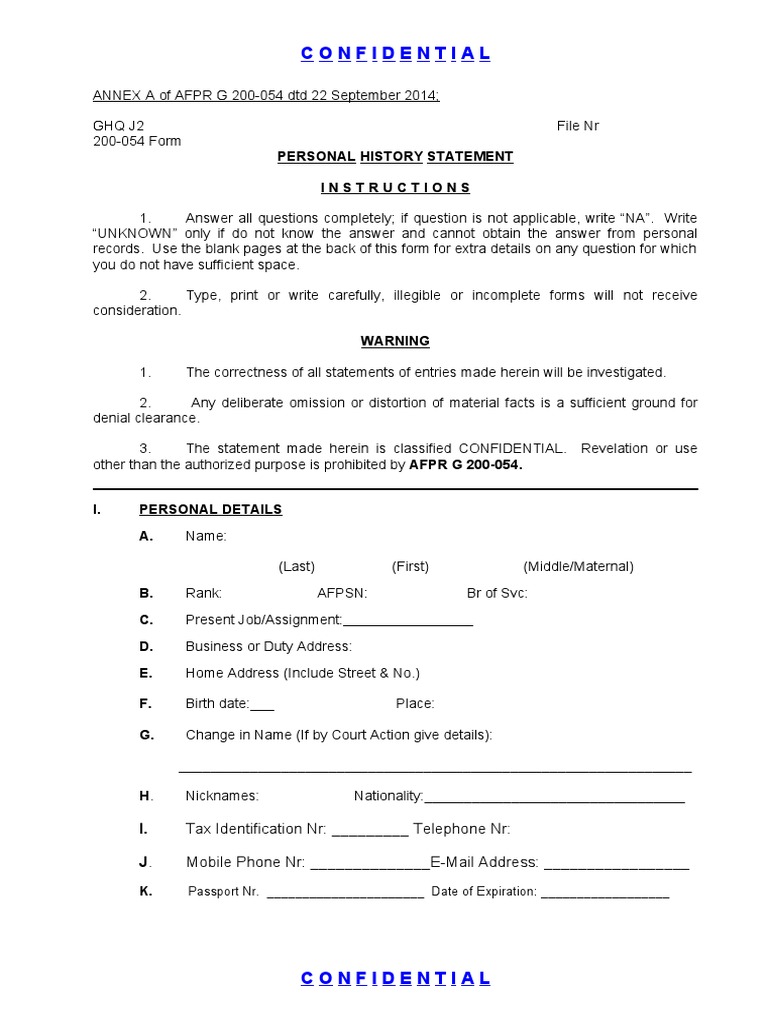 Confidential: Personal History Statement Instructions | PDF | Hand ...