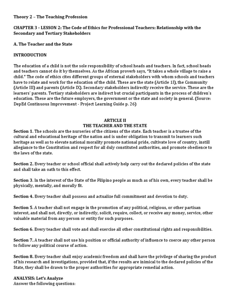 Theory 2 - The Code of Ethics For Professional Teachers (Relationship ...