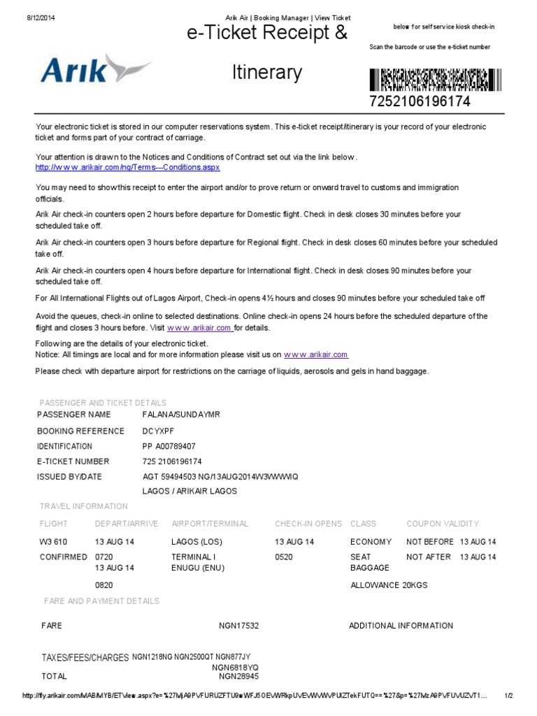 E-Ticket Receipt & Itinerary: Taxes/Fees/Charges | PDF | Transport ...