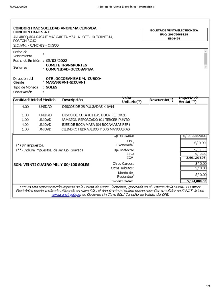 Boleta de Venta Electrónica - Impresion - 56 | PDF