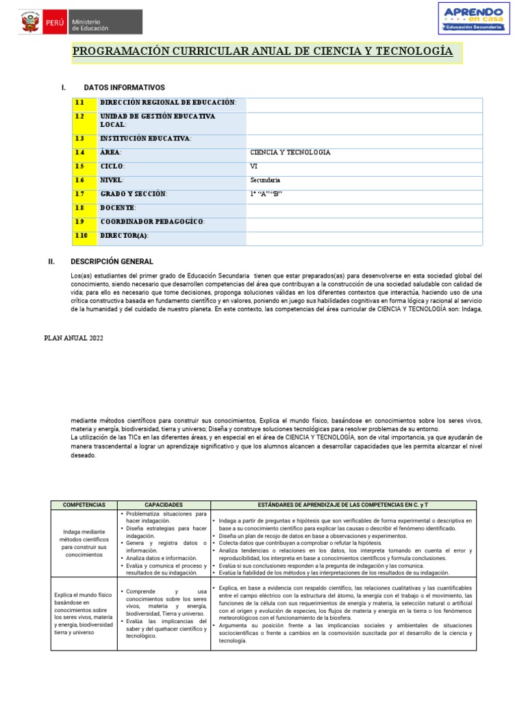 PROGRAMACION ANUAL CyT 1RO | Descargar gratis PDF | Aprendizaje | Sustentabilidad