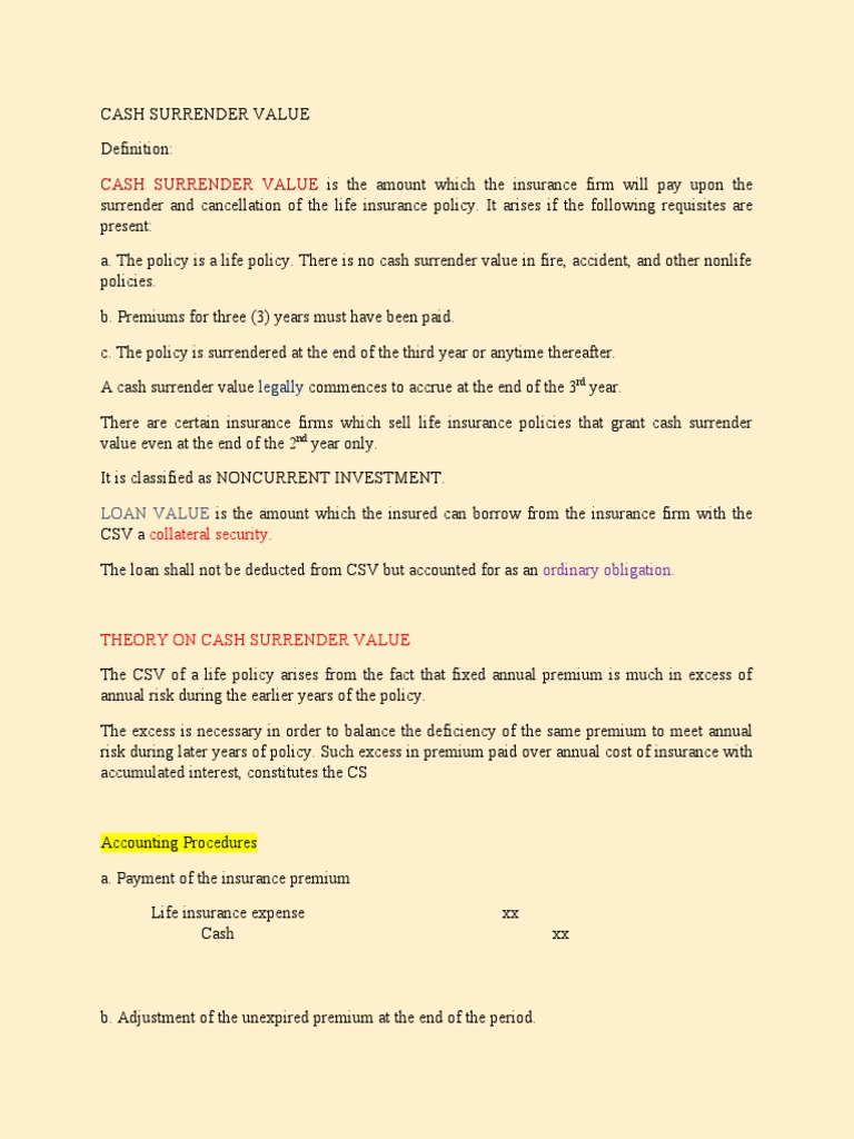 Cash Surrender Value | PDF | Insurance | Life Insurance
