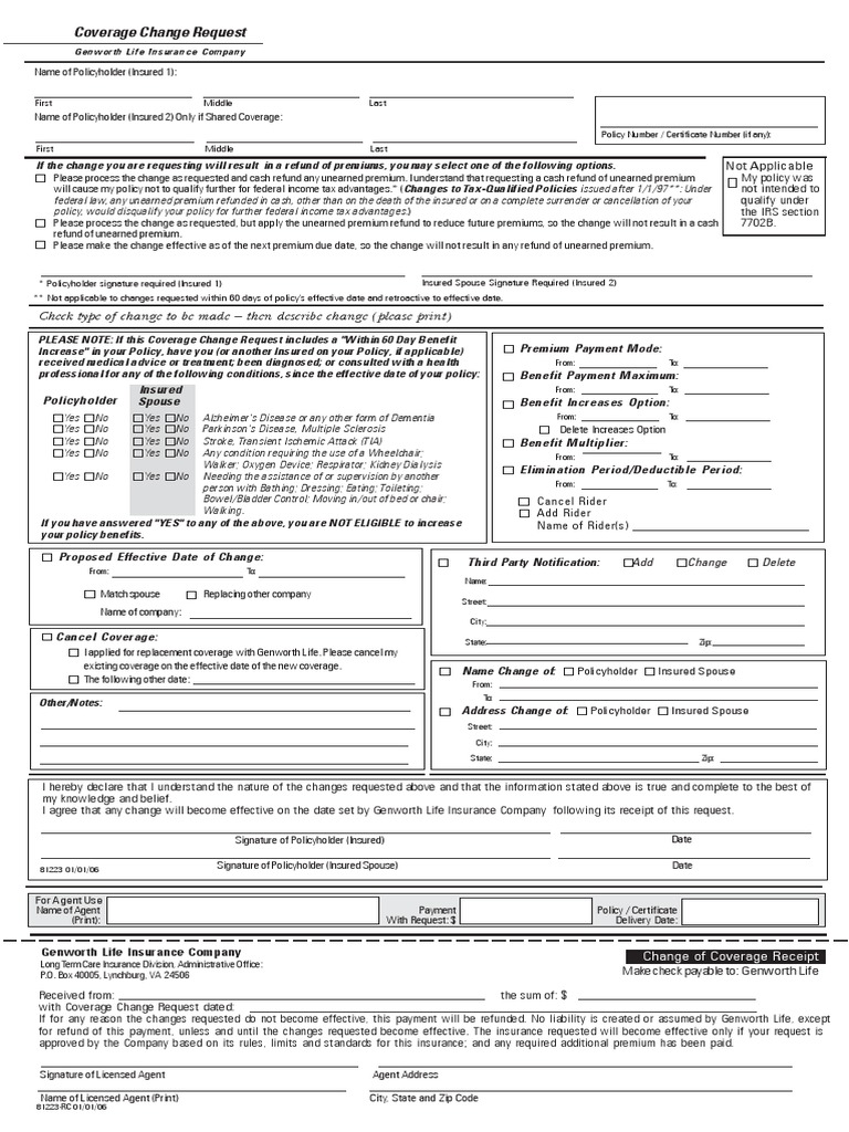 Genworth Coverage Change Request Form | PDF | Insurance | Life Insurance