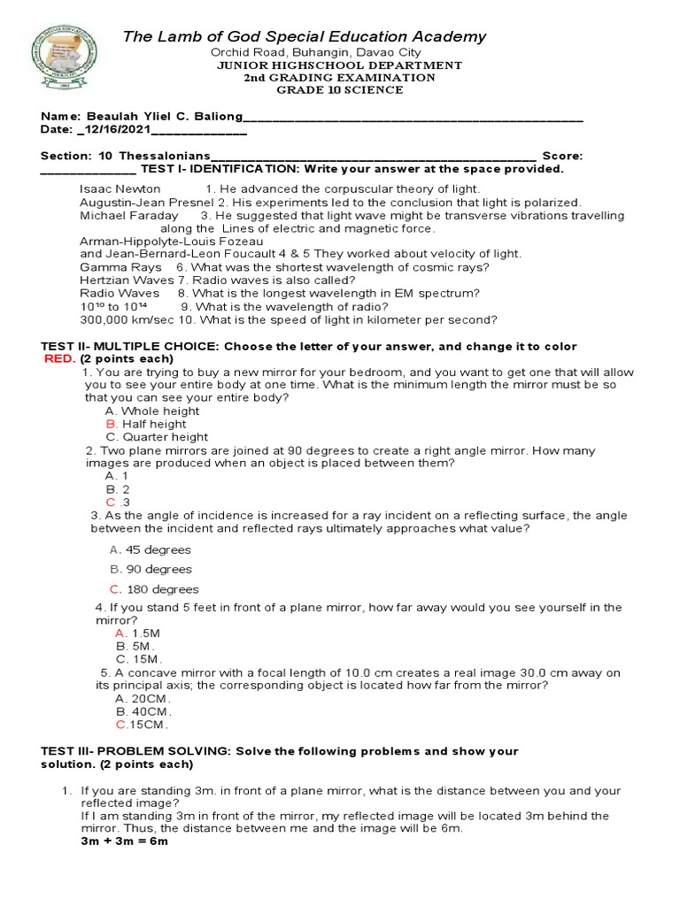 Grade 10 Science Exam Overview | PDF | Light | Mirror