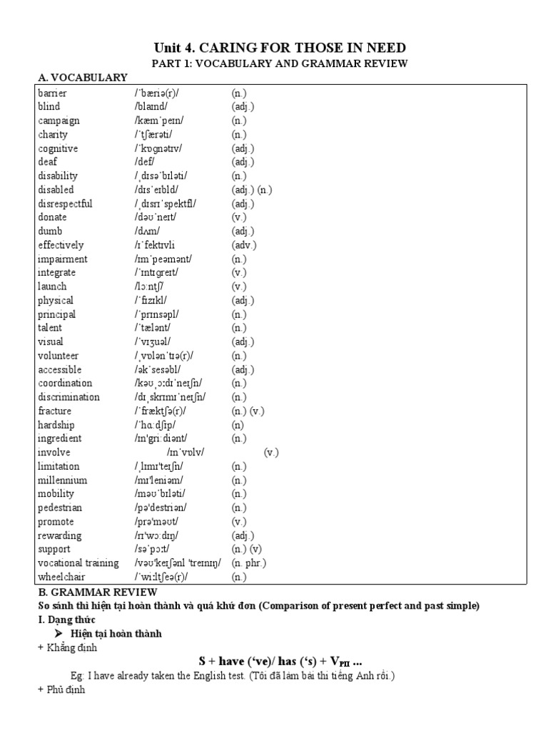 Unit 4. Caring For Those in Need: Part 1: Vocabulary and Grammar Review ...