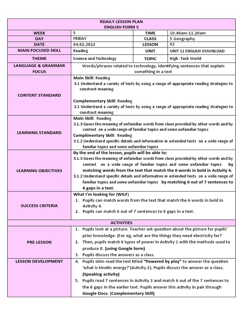 SLA Lesson Plan | PDF | Lesson Plan | Word