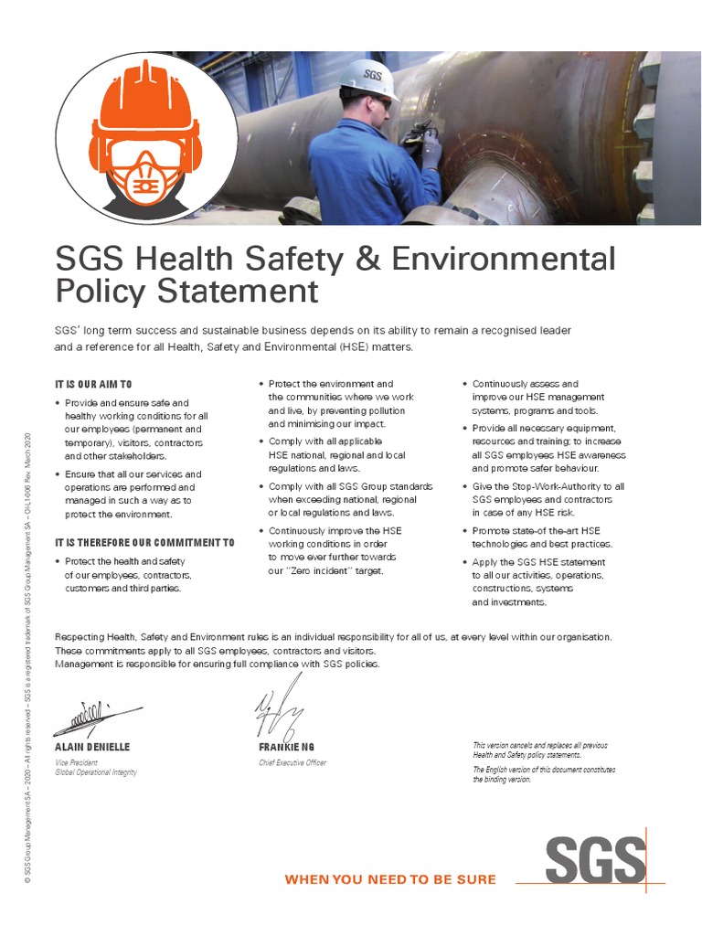 SGS Health Safety & Environmental Policy Statement | PDF | Occupational Safety And Health | Safety