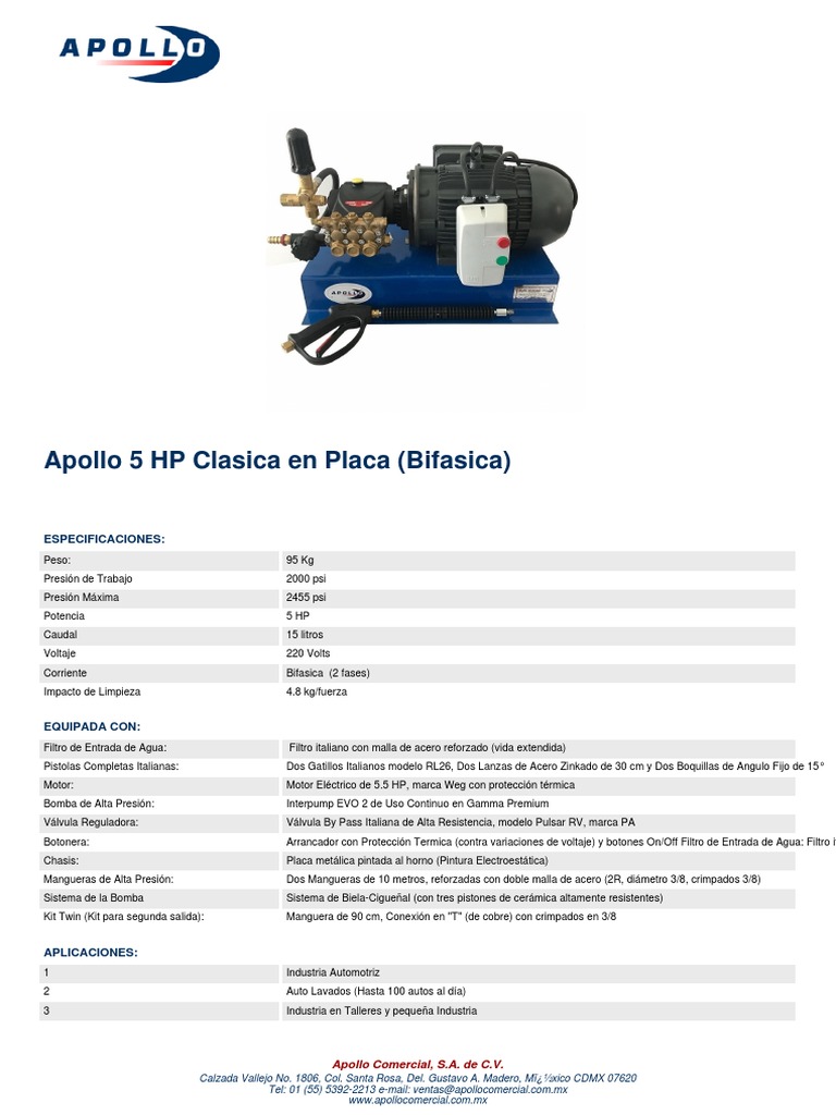 Ficha Técnica Hidrolavadora Industrial Apollo 5 HP Clásica Bifásica en Placa | PDF | Acero | Agua