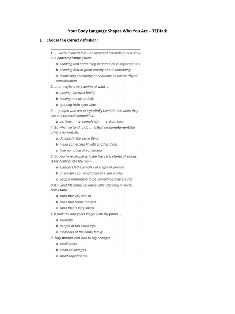 Your Body Language Shapes Who You Are - Tedtalk: 1. Choose The Correct ...