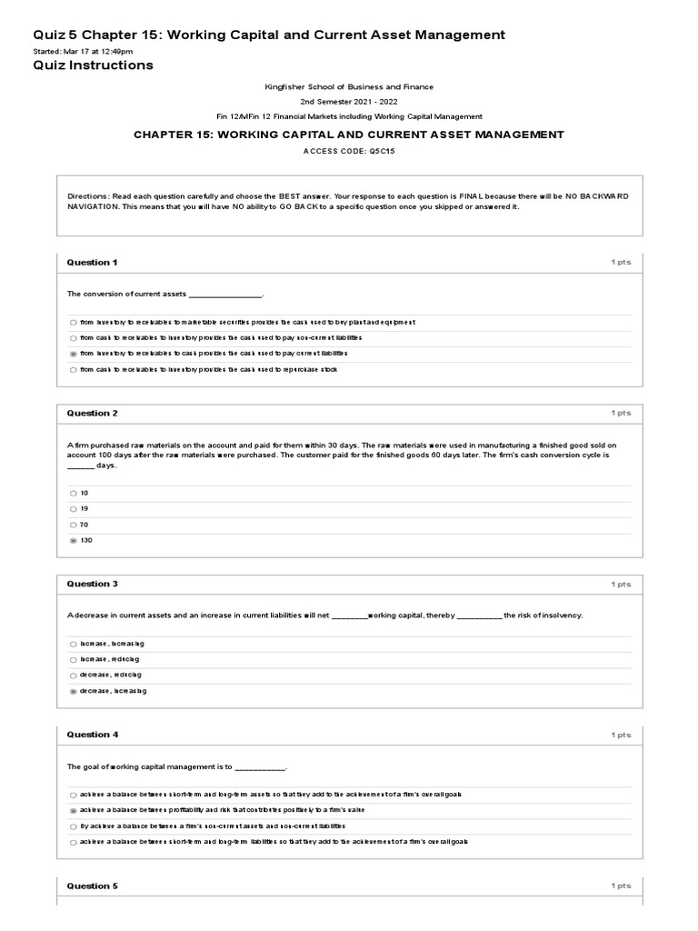 Quiz 5 Chapter 15: Working Capital and Current Asset Management Quiz ...