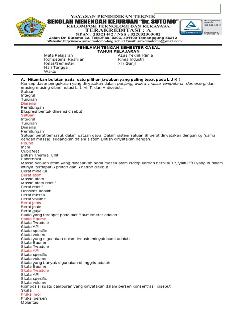 Soal ATK PTS 1 XI KI Dan Jawabannya | PDF | Sains & Matematika