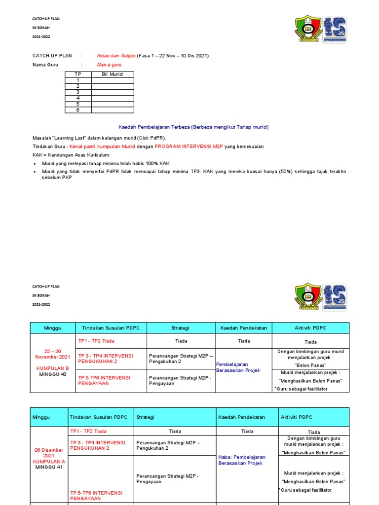 Template Catch Up Plan SK Bokah | PDF