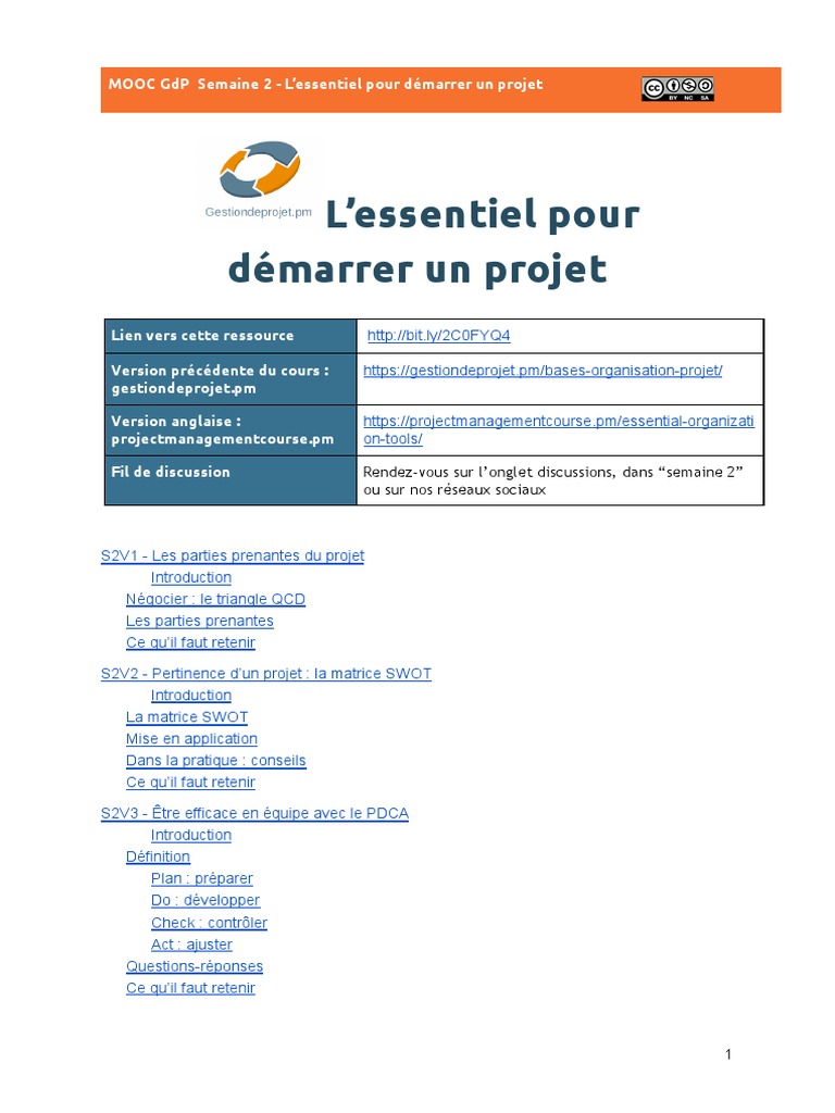Script de Synthèse MOOC GDP - s2 - L'essentiel Pour Démarrer Un Projet - Public | PDF | Analyse ...