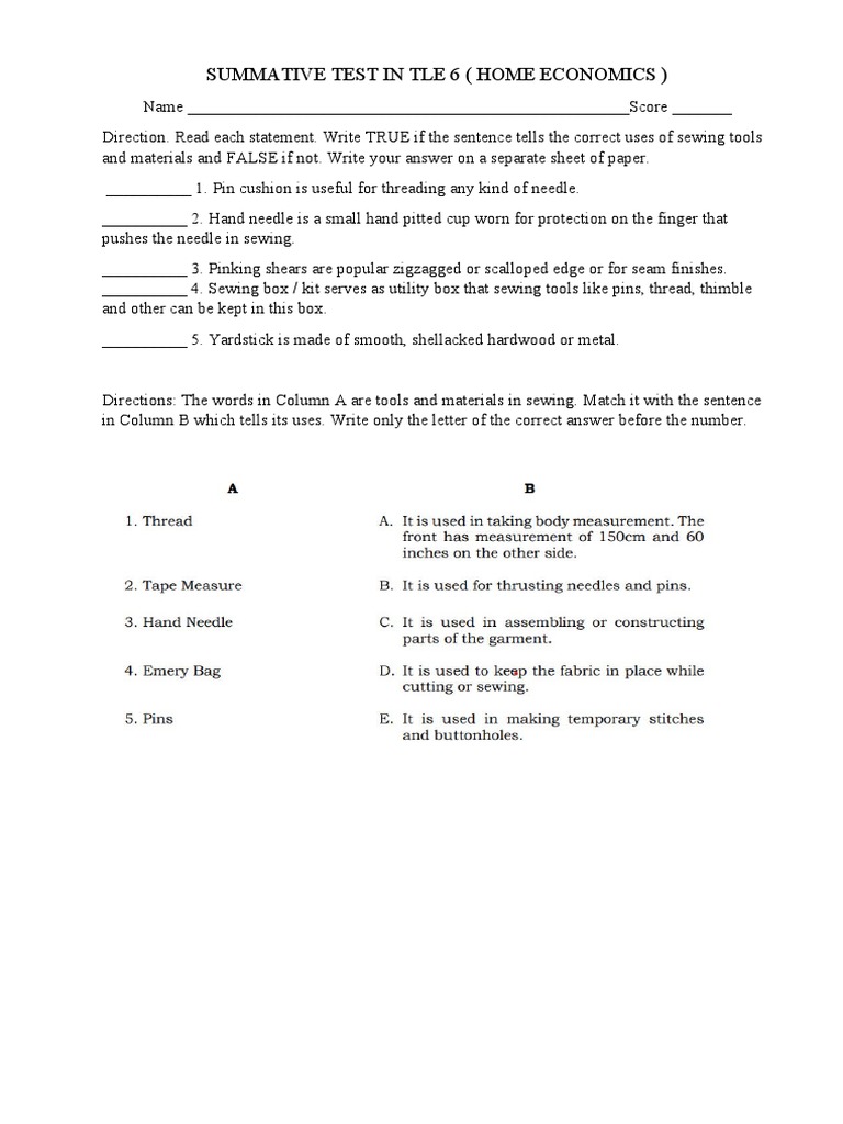 Summative Test in Tle 6 (Home Economics) | PDF | Camera