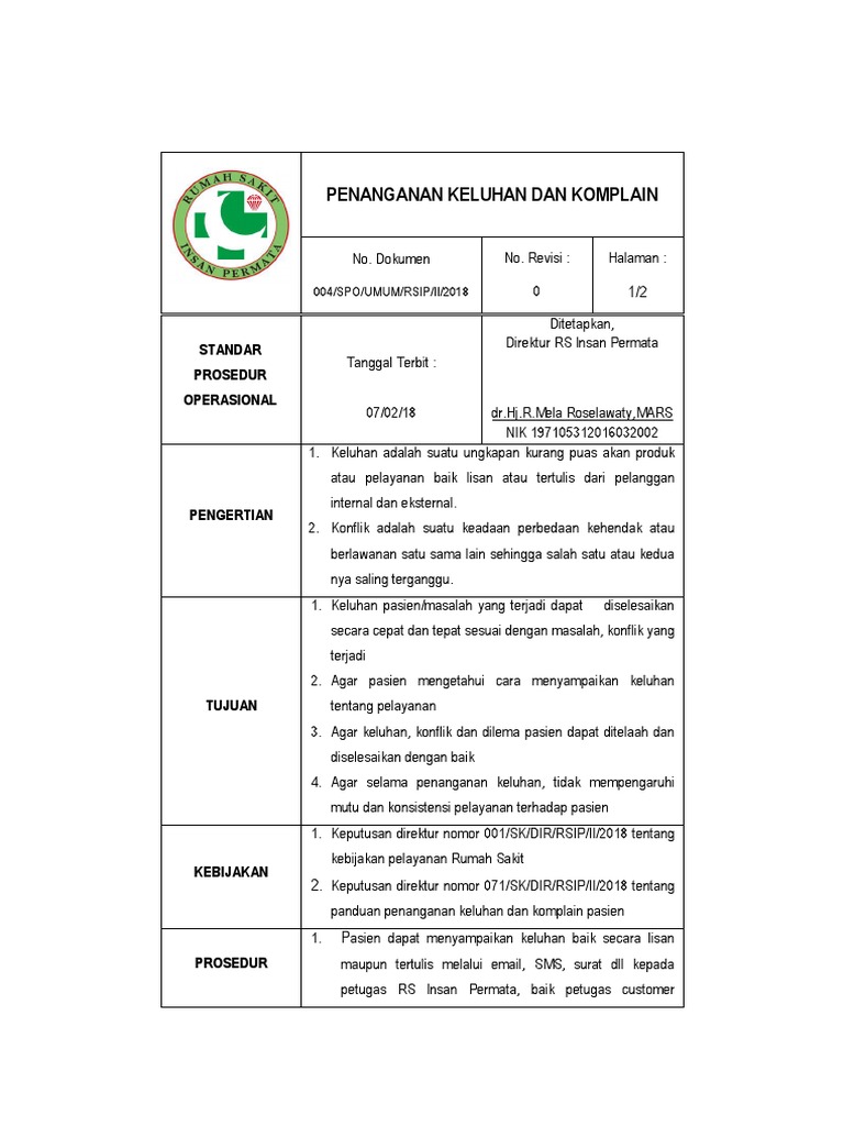 3 SPO PENANGANAN KOMPLAIN, KONFLIK DAN KELUHAN Rev | PDF