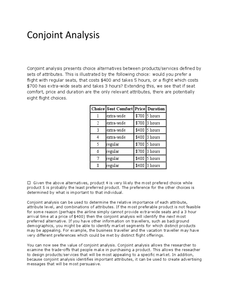 Conjoint Analysis: Choice Seat Comfort Price Duration | PDF | Utility | Market Analysis