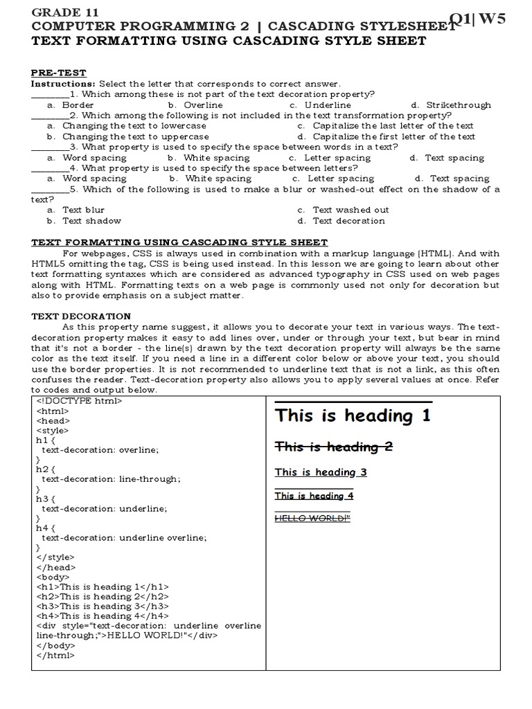 Text Formatting Using Cascading Style Sheet: Pre-Test | PDF | Html ...