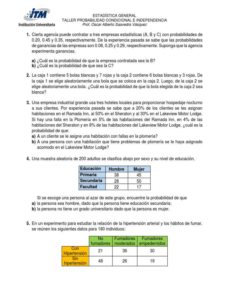 Taller - Probabilidad de Eventos Compuestos | PDF | Probabilidad | Nicotina