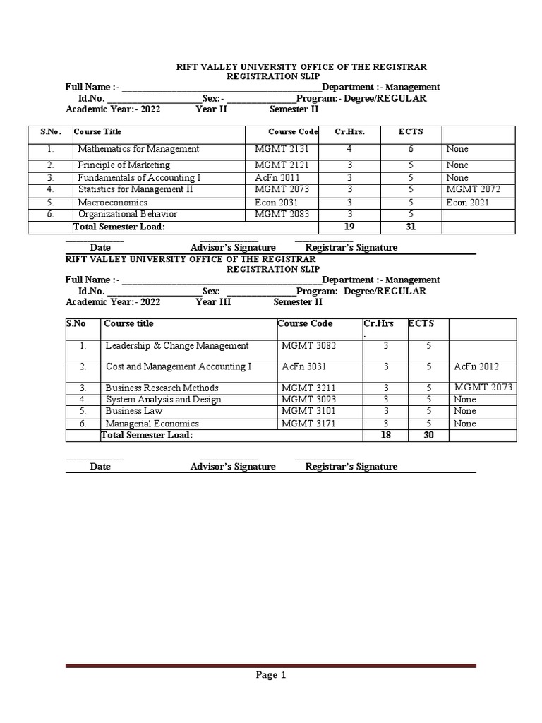 Rift Valley University Office of The Registrar Registration Slip | PDF ...