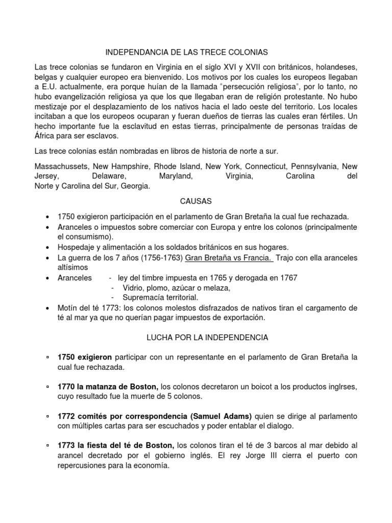 Independencia de Las 13 Colonias | PDF | Trece colonias | Declaración de independencia de los ...