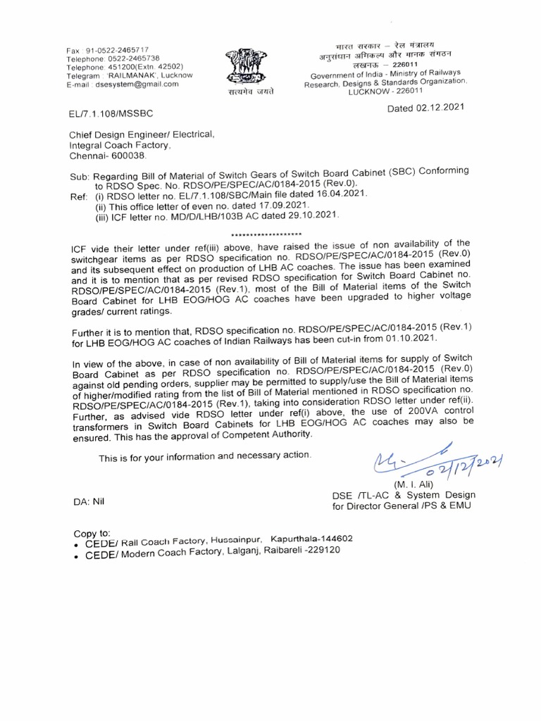 2021.12.02 RDSO SBC 184 Universal BOM Letter To PU | PDF