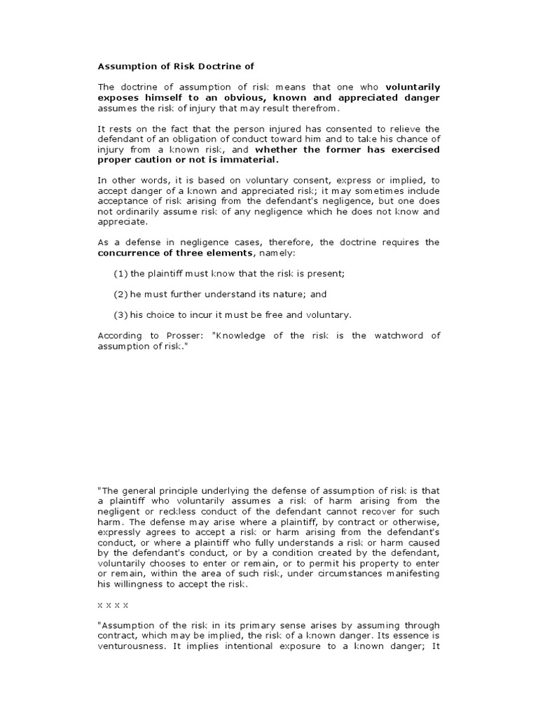 Assumption of Risk Doctrine of | PDF | Negligence | Risk